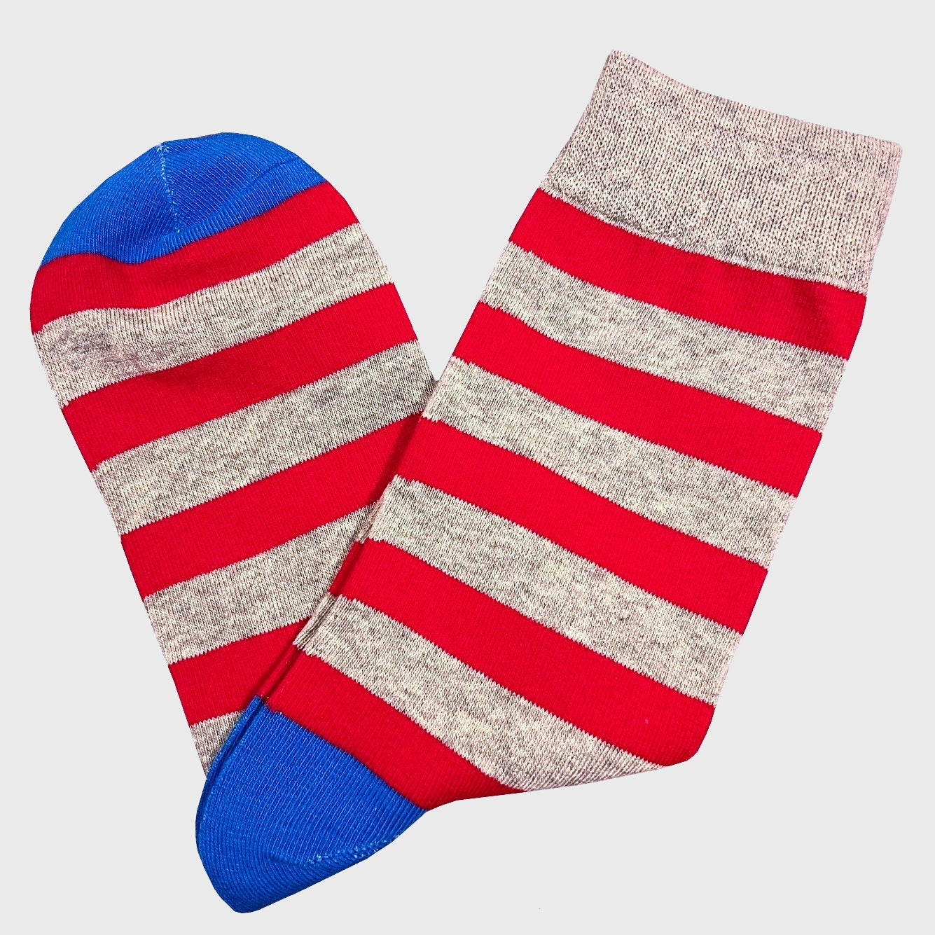 Tathame hooped socks, one sized, made in England in red, grey and blue ...